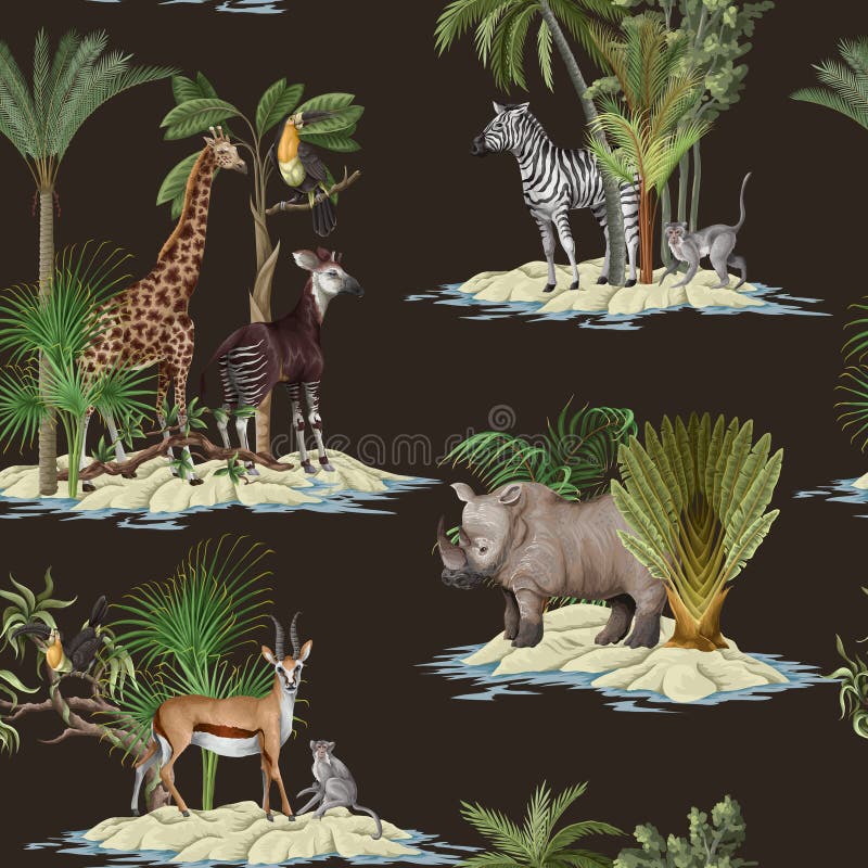 Seamless Pattern with Jungle Animals and Trees. Palm Trees, Giraffe ...