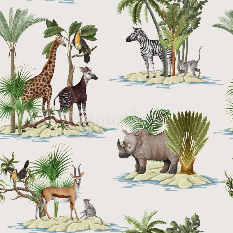 Seamless Pattern with Jungle Animals and Trees. Palm Trees, Giraffe ...