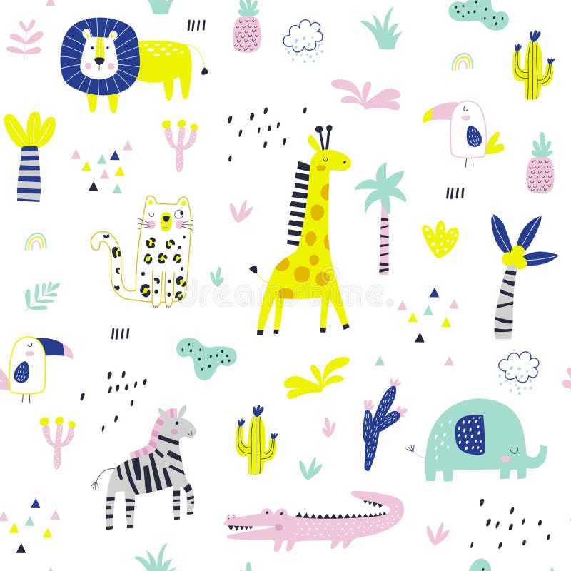 Seamless Pattern Jungle Animals. Vector Cartoon Illustration Stock ...