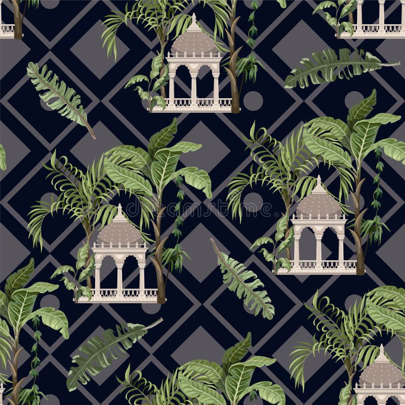 Seamless Pattern with Jungle Trees and Ancient Arbor. Vector. Stock ...