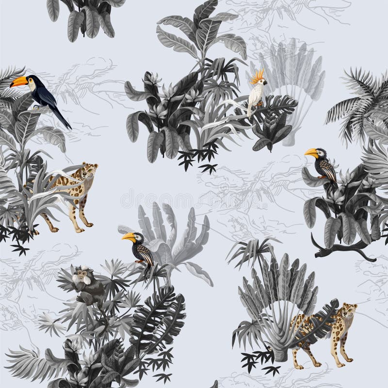 Seamless Pattern with Jungle Trees and Animals in Monochrome Style ...