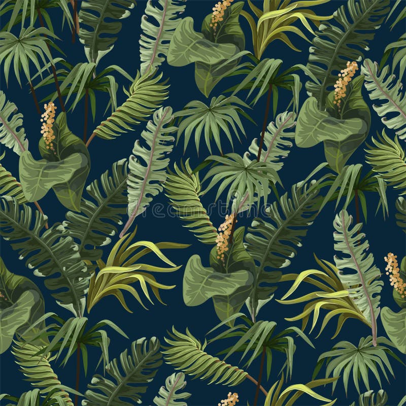 Seamless Pattern with Jungle Trees and Flowers. Vector. Stock Vector ...