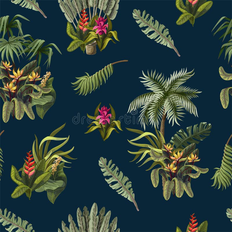 Seamless Pattern with Jungle Trees and Flowers. Vector. Stock Vector ...