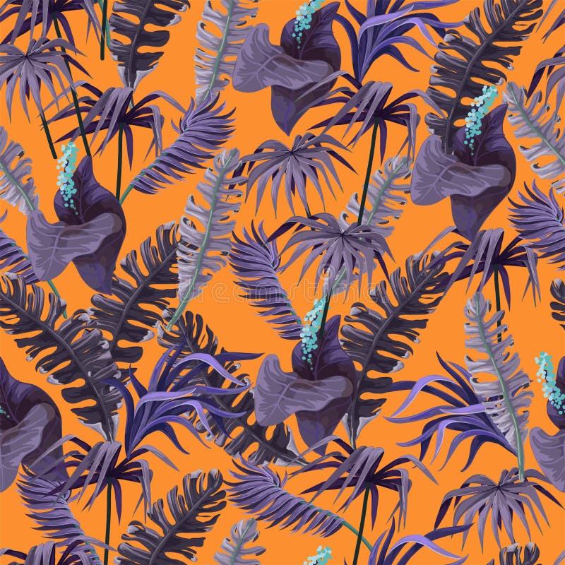 Seamless Pattern with Jungle Trees and Flowers. Vector. Stock Vector ...