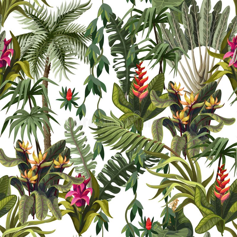 Seamless Pattern with Jungle Trees and Flowers. Vector. Stock Vector ...