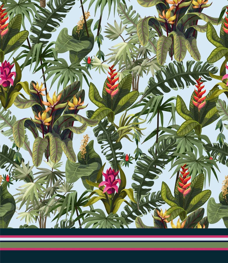 Seamless Pattern with Jungle Trees and Flowers. Vector. Stock Vector ...