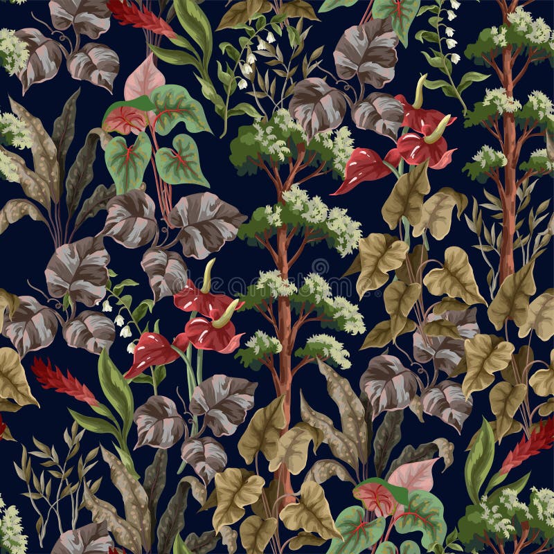 Seamless Pattern with Jungle Trees and Tropical Plant. Vector. Stock ...