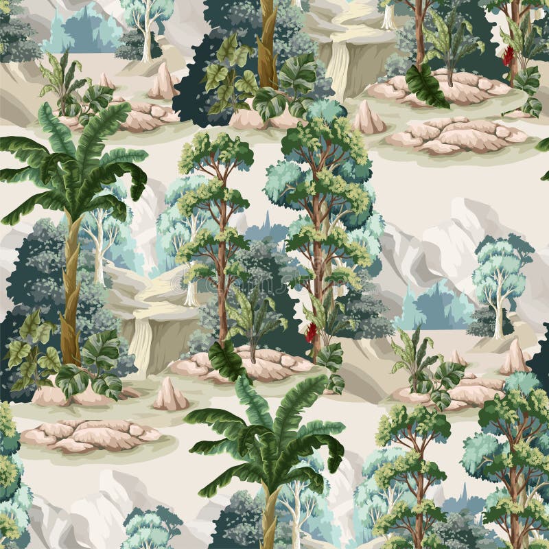 Seamless Pattern with Jungle Trees and Tropical Plant. Vector. Stock ...
