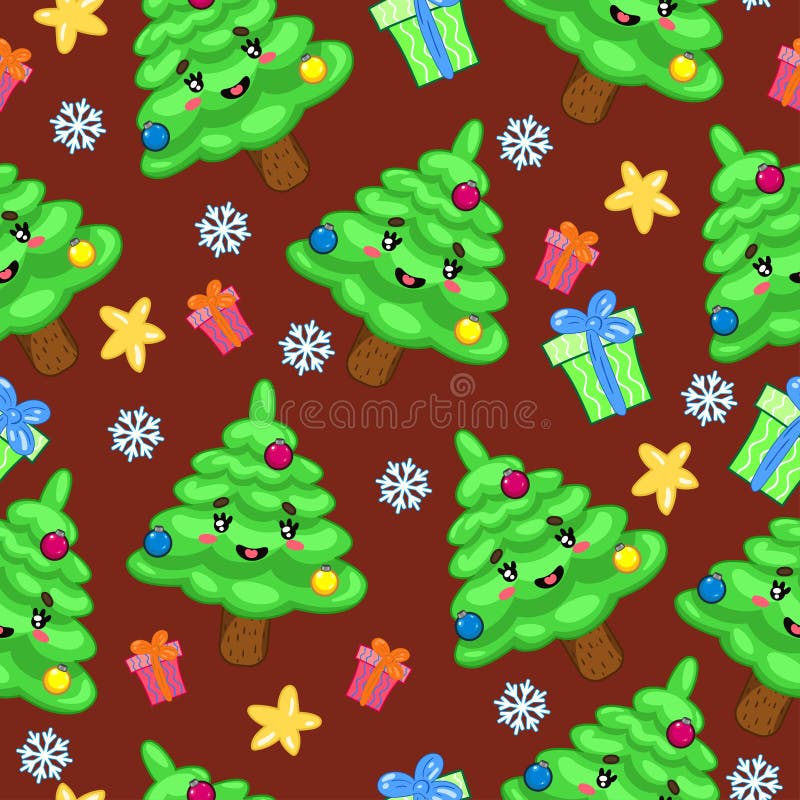 Seamless Pattern with Kawaii Christmas Trees. Eps 10 Stock Illustration ...