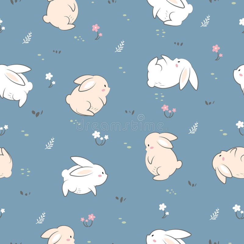 Seamless Pattern with Kawaii Cute Rabbit on Blue Background Stock ...