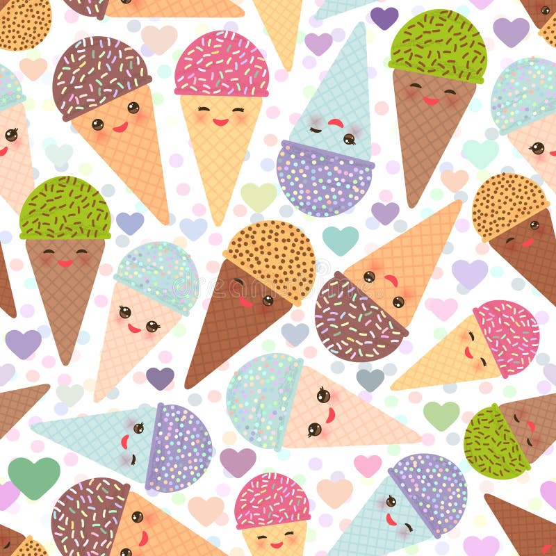 Seamless Pattern Kawaii Funny Ice Cream Waffle Cone, Muzzle Stock ...