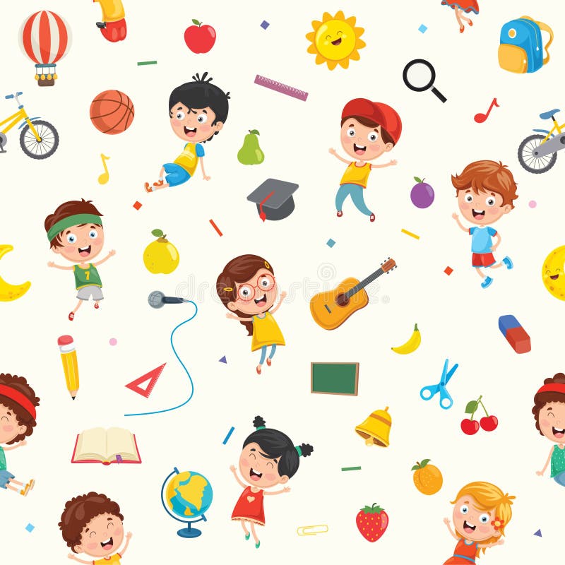 Seamless Pattern of Kids and Objects Stock Vector - Illustration of ...