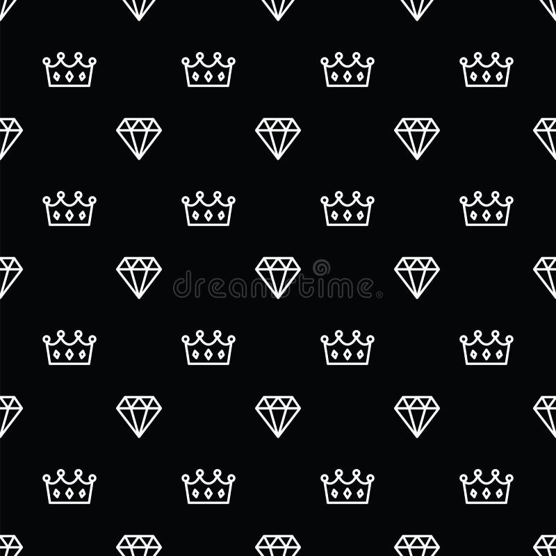Seamless Pattern King and Queen Crown and Diamond Outline on Black ...