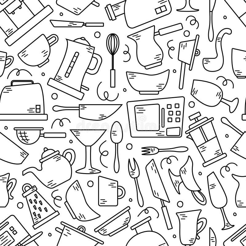 Seamless Pattern with Kitchen Appliances in Lines. Background for ...
