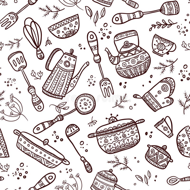 Seamless Doodle Kitchen Pattern Stock Vector - Illustration of salt ...