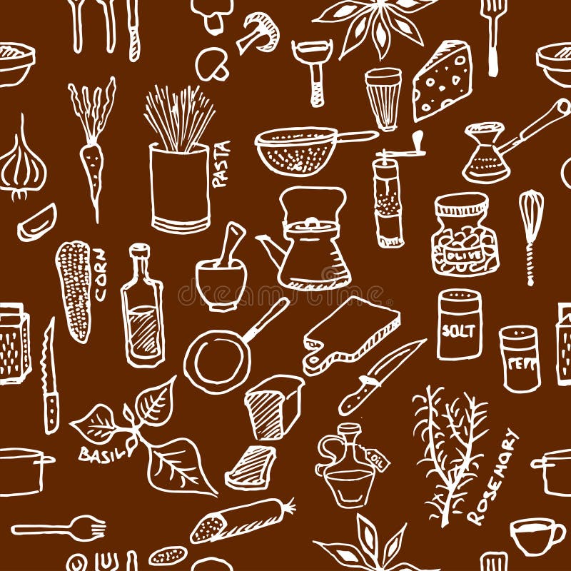 Seamless Pattern on a Kitchen Theme. Variety of Products, Kitchenware ...