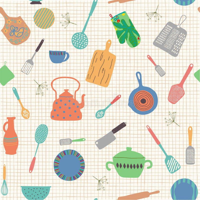Seamless Pattern of Kitchen Utensils Stock Illustration - Illustration ...