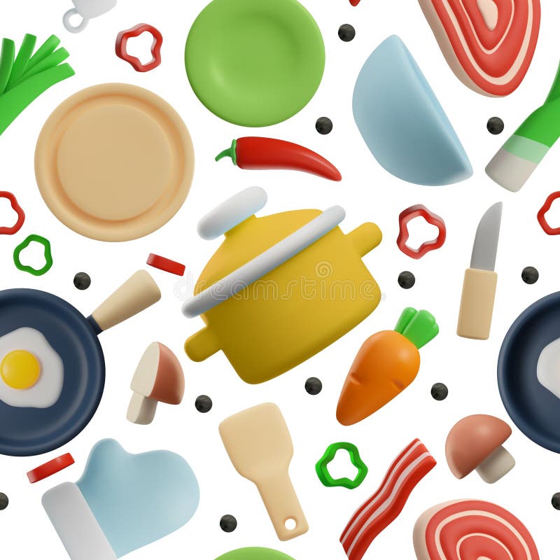 Seamless Pattern with Kitchenware and Cookware 3D Vector, Cartoon ...