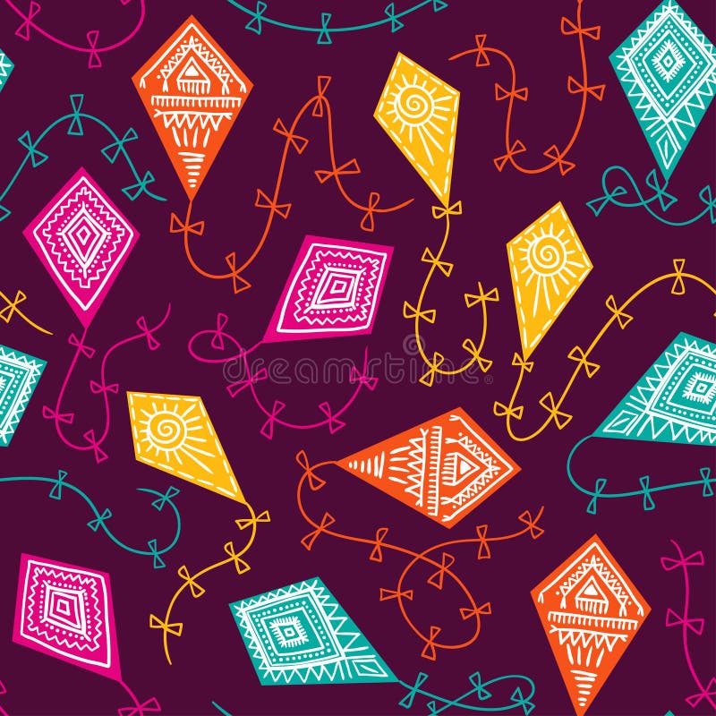 Seamless Pattern with Kites in the Sky. Vector Childish Fabric Design ...
