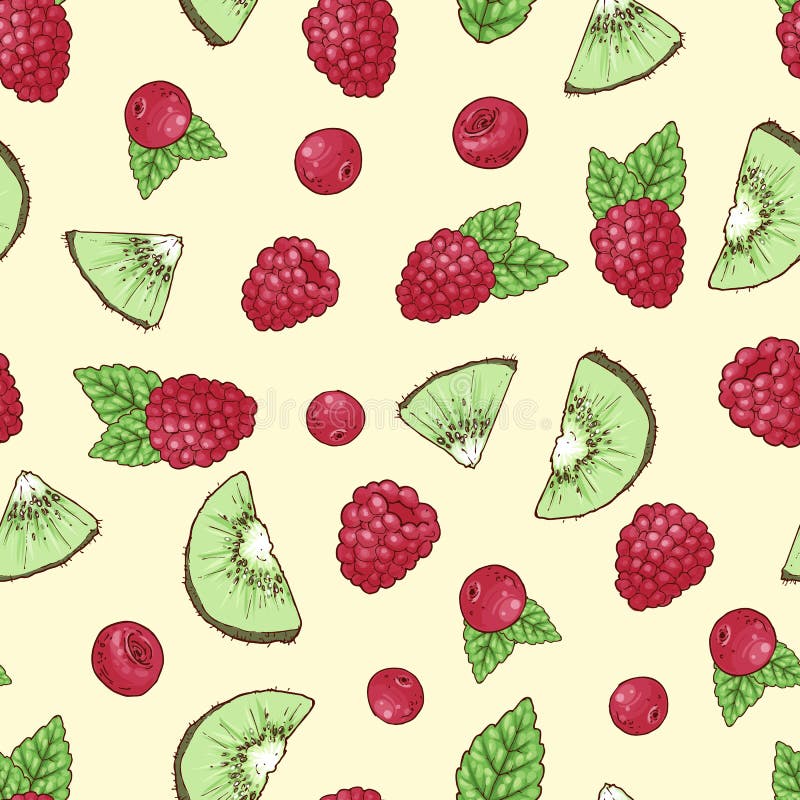 Seamless Pattern Kiwi Raspberry Cherry. Vector Illustration Stock ...