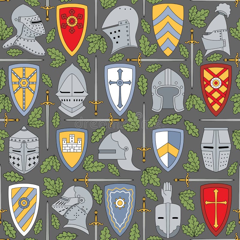Seamless Pattern With Knightly Helmets And Shields Stock Vector ...