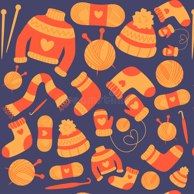 Seamless Pattern with Knit Clothes and Knitting Tools. Vector ...