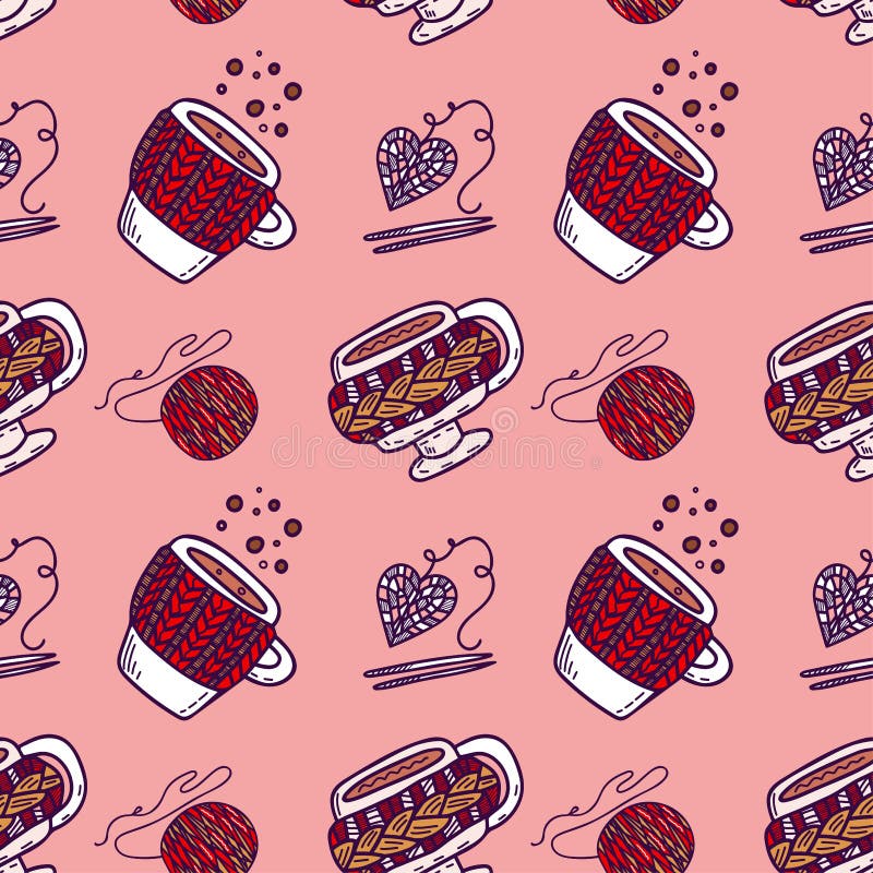 Seamless Pattern with Knitted Cups with Coffee. Colorful Vector Design ...