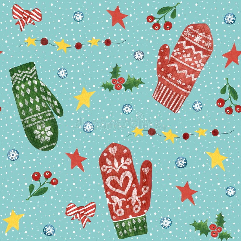Seamless Pattern with Knitted Mittens, Snowflakes and Holly ...