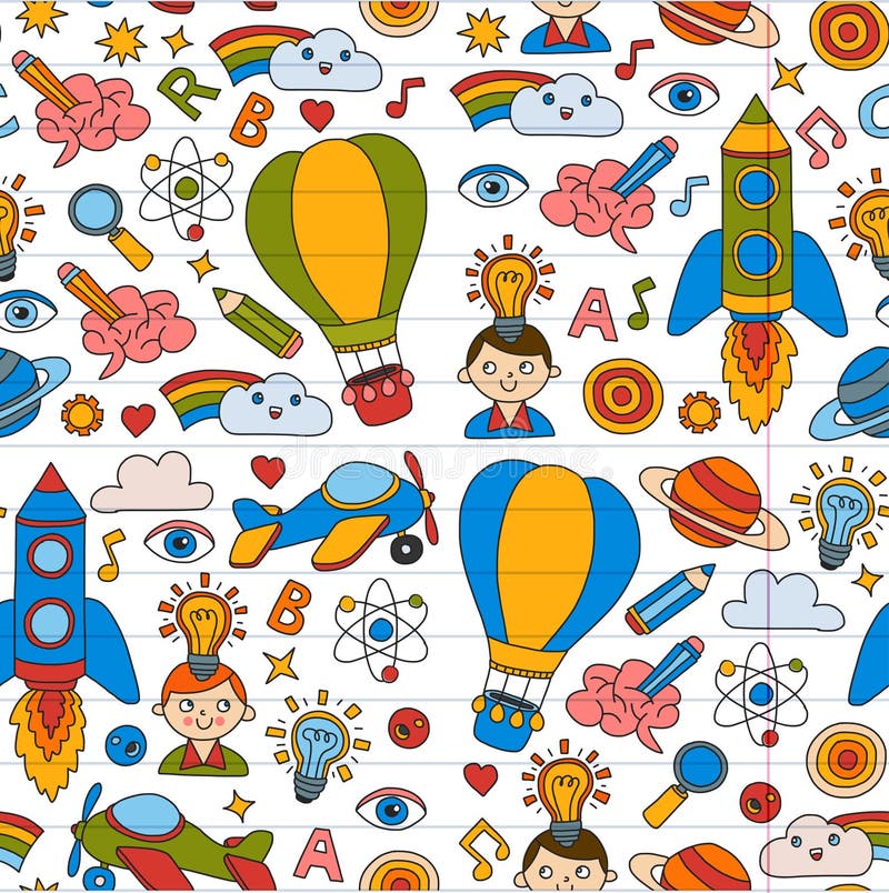 Seamless Pattern Knowledge Imagination Fantasy Kids Drawing Style Stock ...