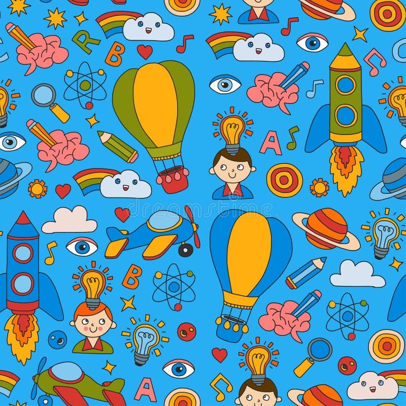 Seamless Pattern Knowledge Imagination Fantasy Kids Drawing Style Stock ...