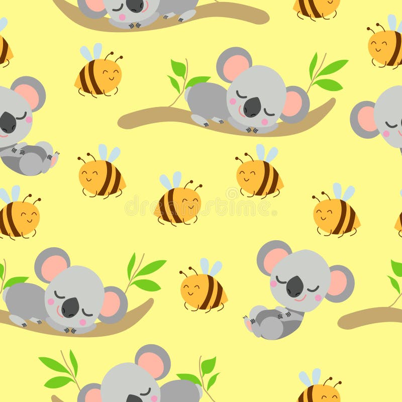 Seamless Pattern Koala Sleeping and Yellow Bees Stock Illustration ...