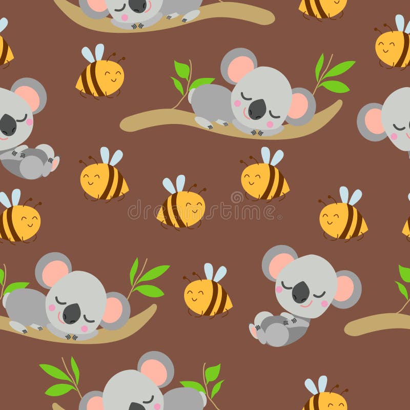 Seamless Pattern Koala Sleeping and Yellow Bees Stock Illustration ...