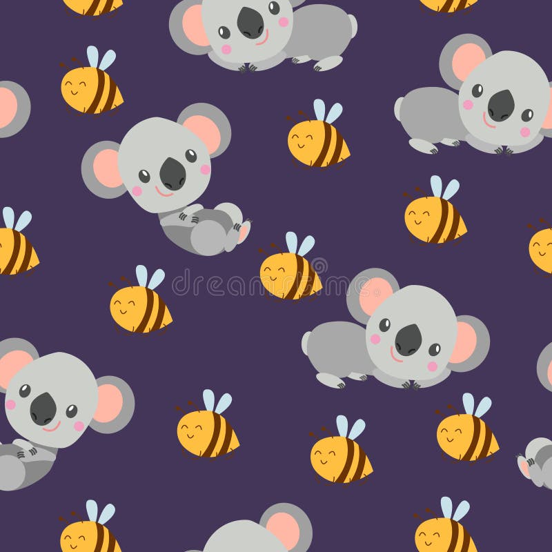 Seamless Pattern Koala Smiling and Yellow Bees Stock Illustration ...