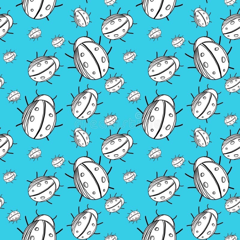 Seamless Pattern with Ladybugs in Doodle Style, on a Blue Background ...