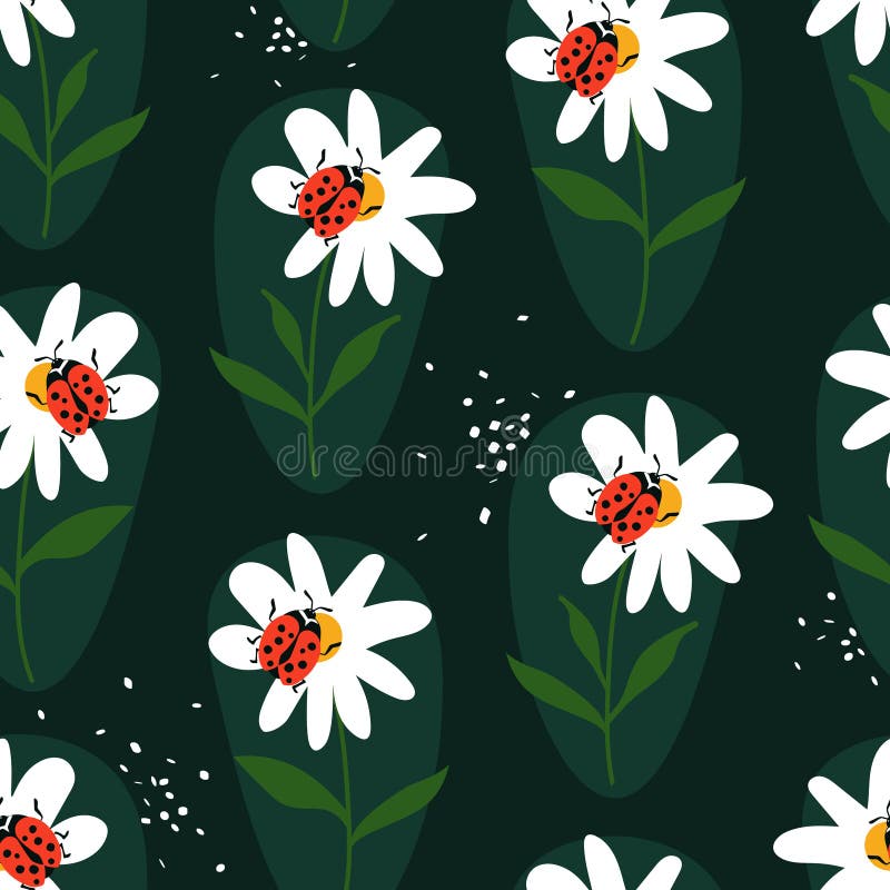 Colorful Seamless Pattern with Ladybugs and Flowers. Decorative Cute ...