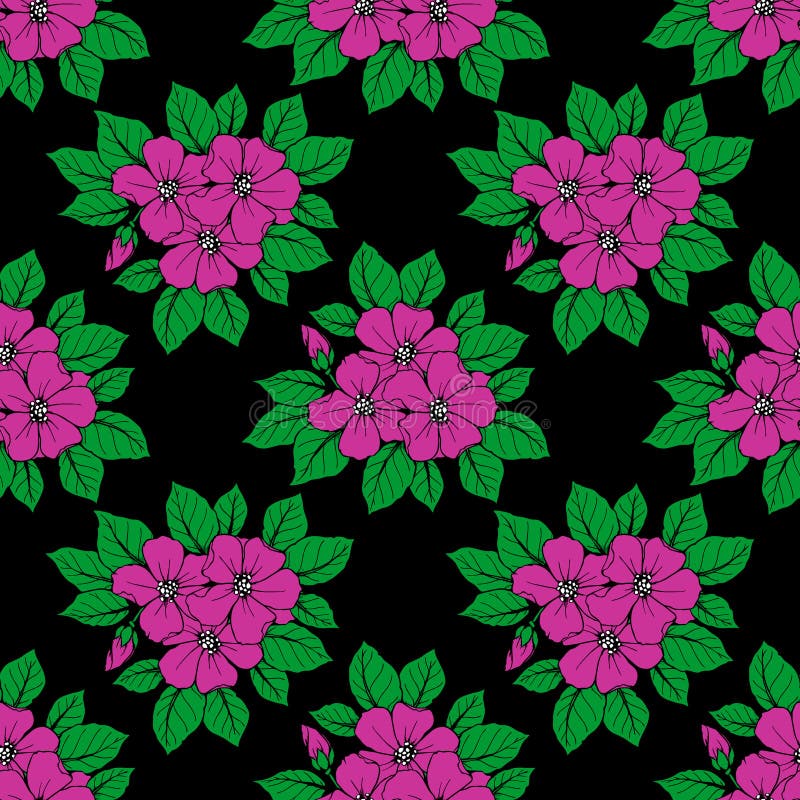 Seamless Pattern of Large Magenta Flowers on a Black Background ...