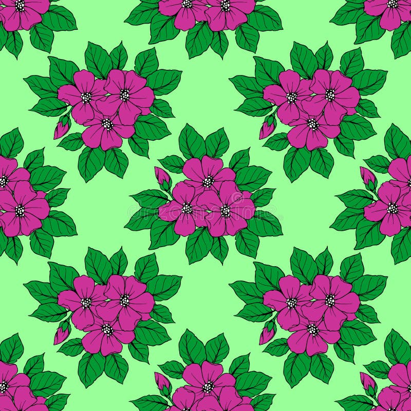 Seamless Pattern of Large Magenta Flowers on a Green Background ...