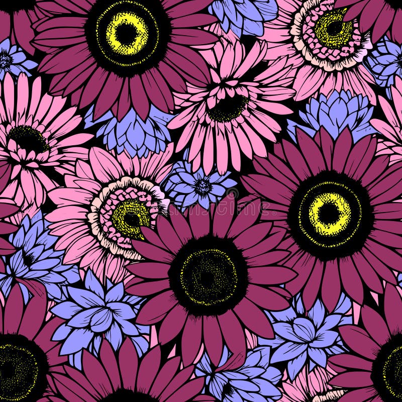 Seamless Pattern of Large Multicolored Graphic Flowers, Texture Stock ...