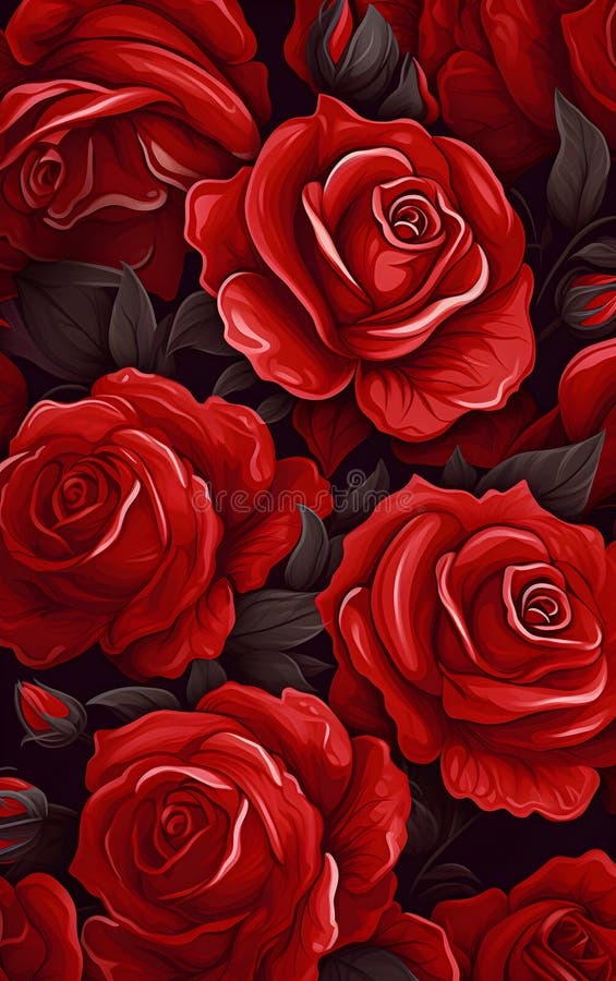 Seamless Pattern with Large Red Roses on a Red Background Stock ...