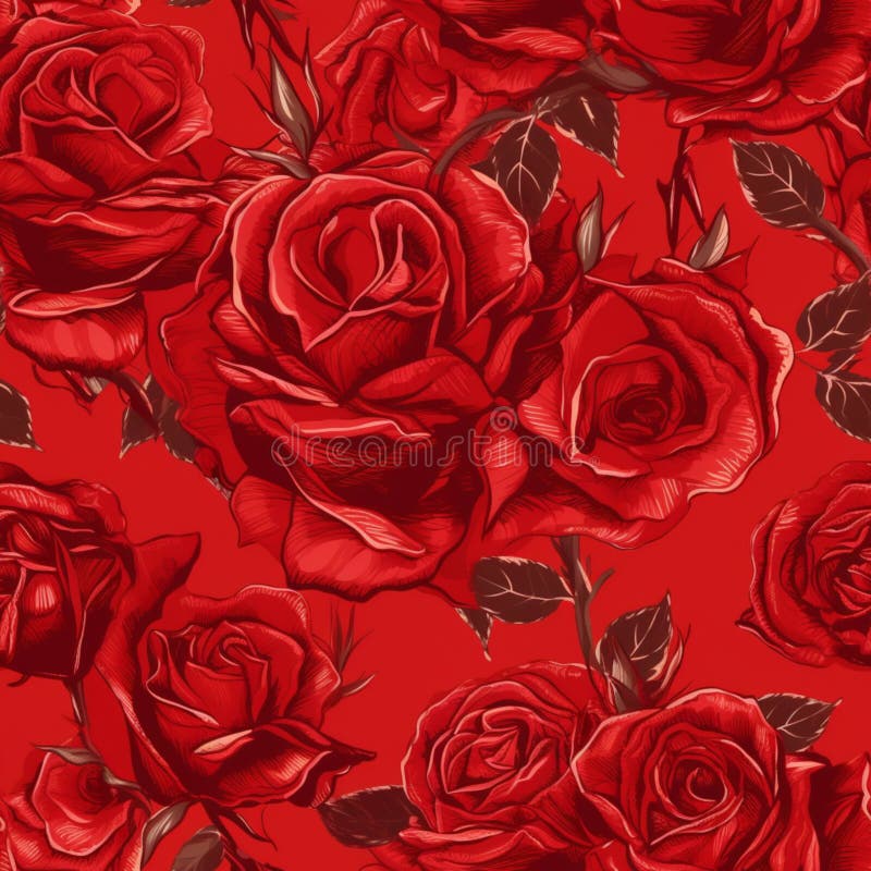 Seamless Pattern with Large Roses on Red Background. Generative Ai ...