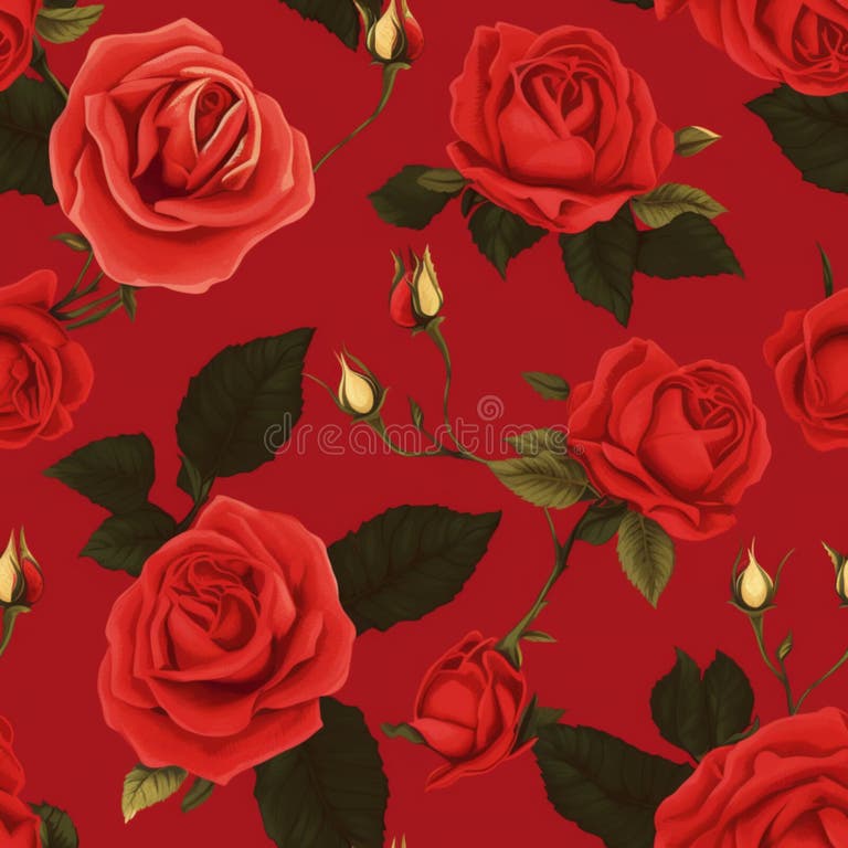 Seamless Pattern with Large Roses on Red Background. Wallpaper ...