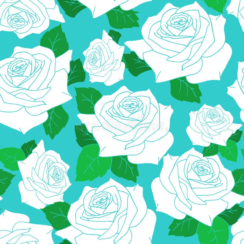 Seamless Pattern of Large White Rose Flowers on a Blue Background ...