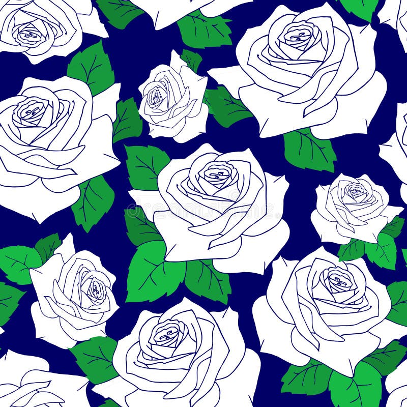 Seamless Pattern of Large White Rose Flowers with Leaves on a Blue ...