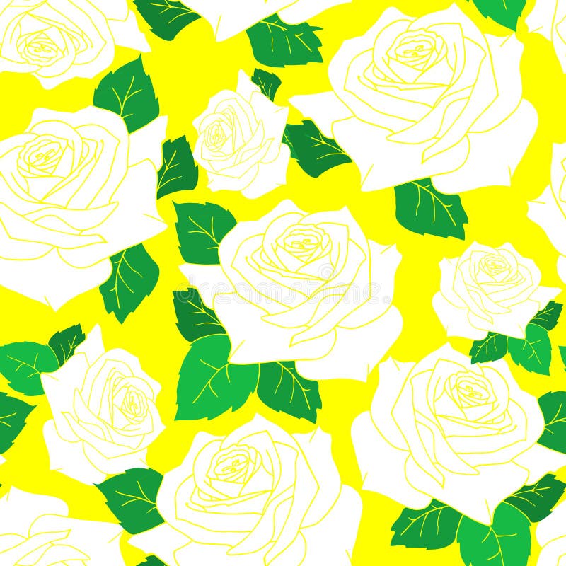 Seamless Pattern of Large White Rose Flowers on a Yellow Background ...