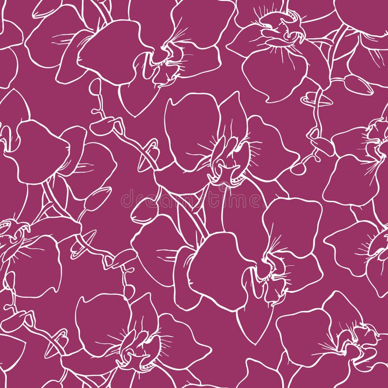 Seamless Pattern of Large White Silhouettes of Orchids on a Purple ...