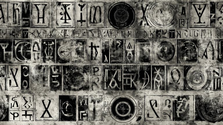Seamless Pattern of Latin Inscriptions and Fragmented Sigils on ...