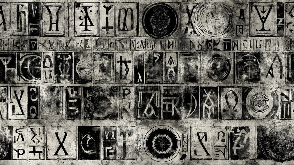 Seamless Pattern of Latin Inscriptions and Fragmented Sigils on ...