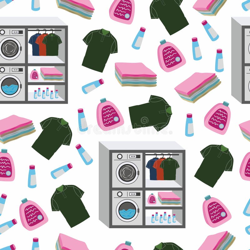 Seamless Pattern with Laundry Tools Elements. Washing Machine, Washing ...