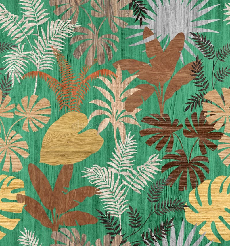 Seamless Pattern Leaf Graphics Wooden Texture Surface with Tropical ...