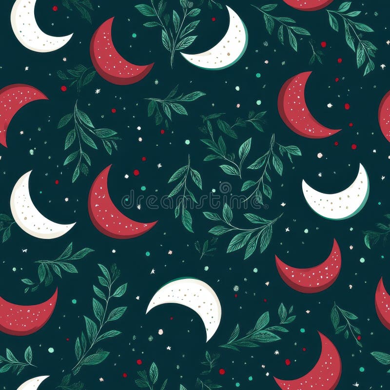 Seamless Pattern Leaves Crescent Moons Dark Background Stock Photos ...